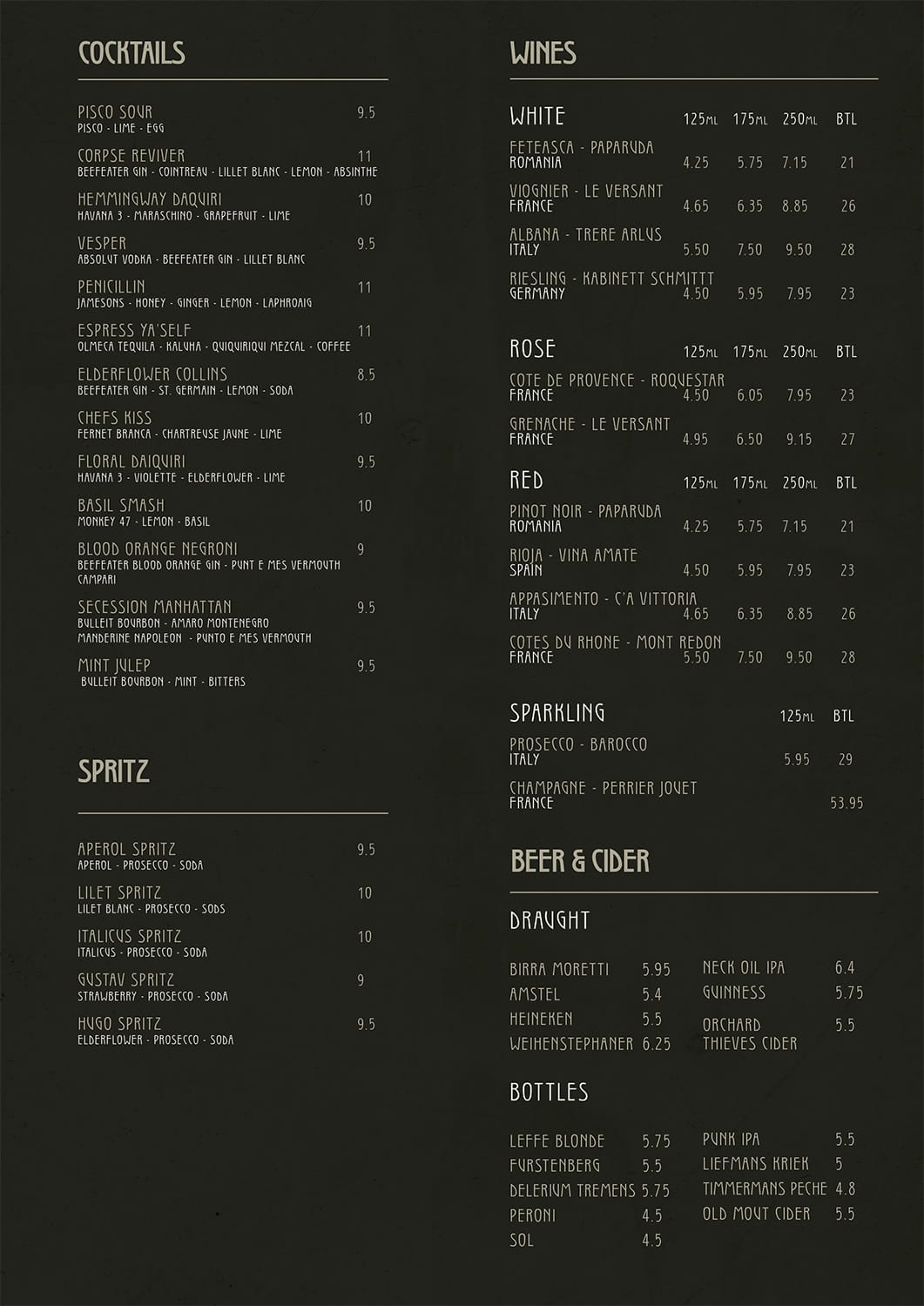 Cocktail Menu - Websters Glasgow